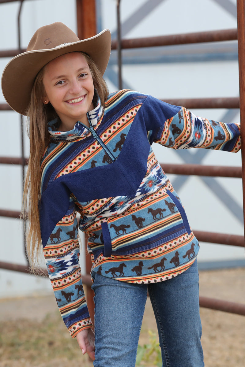 Cinch Girl's Fleece 1/4 Zip Blue Aztec & Horses – Opossum Creek ...